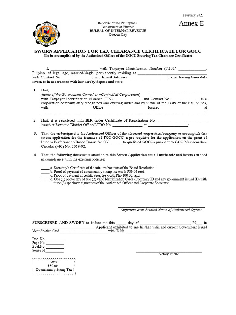 Annex E - TCC-GOCC - Sworn Application | PDF | Identity Document ...