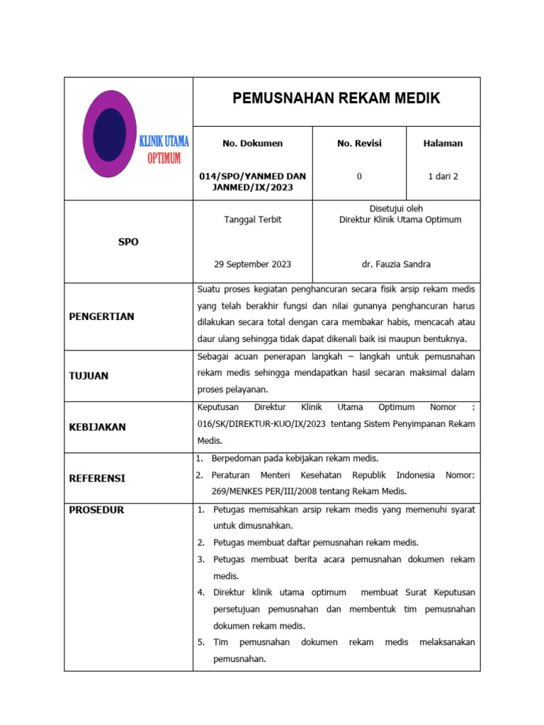 Sop Pemusnahan Rekam Medik | PDF