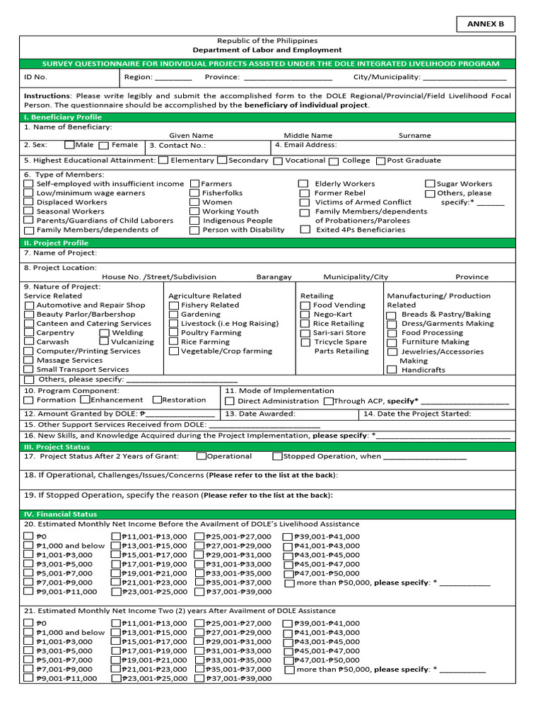 Annex B Livelihood Survey Questionnaire Individual | PDF | Economies