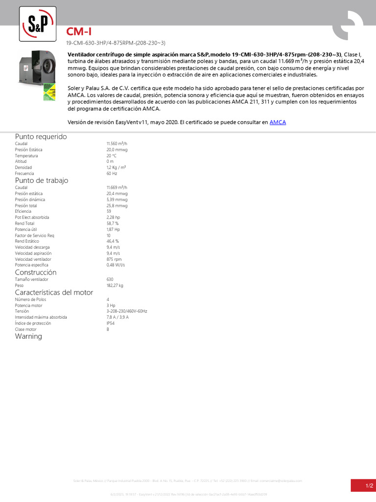 INYECCIÓN DE AIRE Ventilador 19-CMI-630-3HP4-875rpm - (208-230 - 3) - 204 | PDF | Máquinas ...