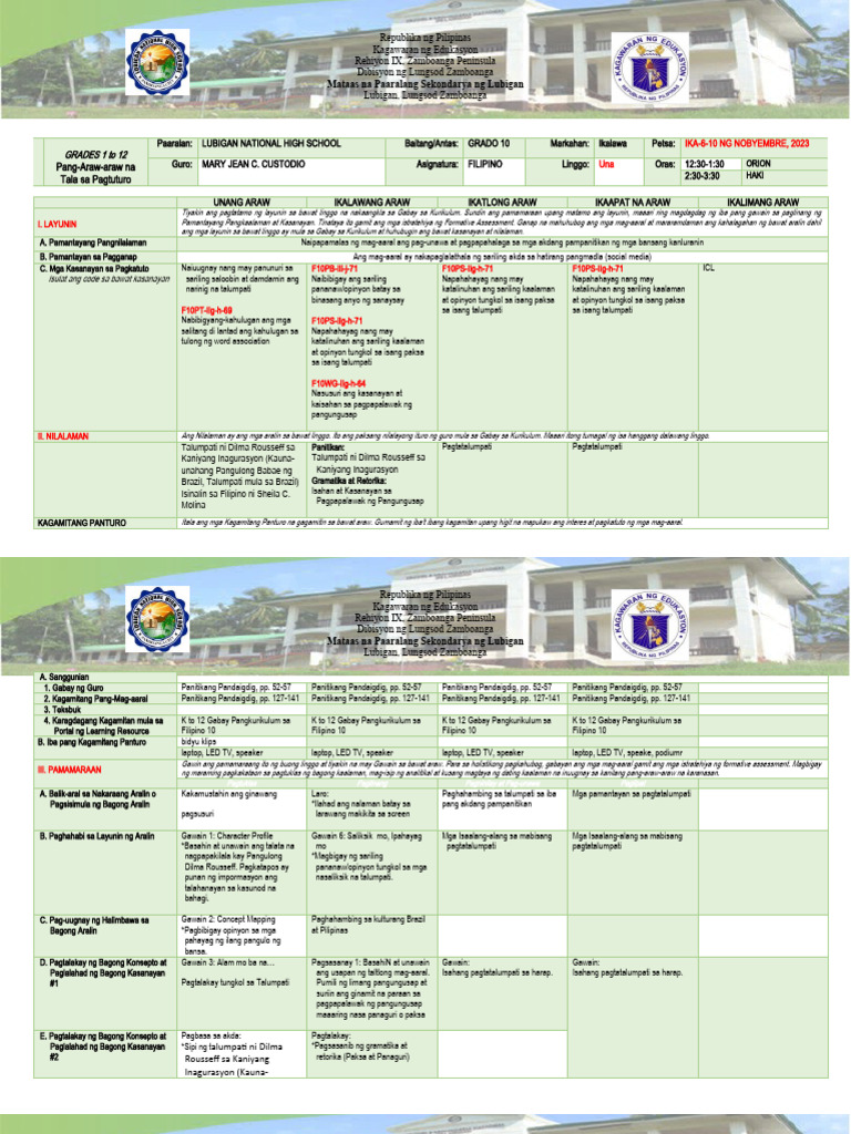 DLL FILIPINO 10-Aralin 2.1 | PDF