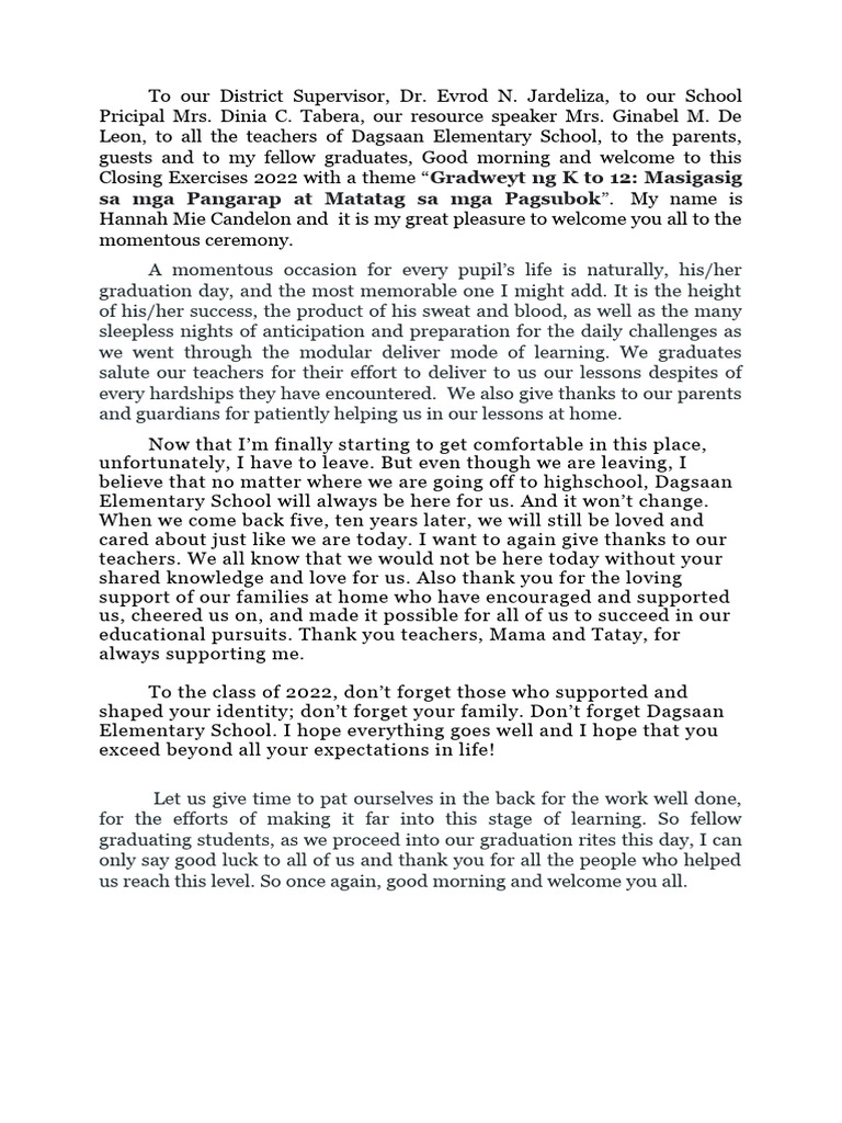 Graduation Welcome Speech 2022 | PDF