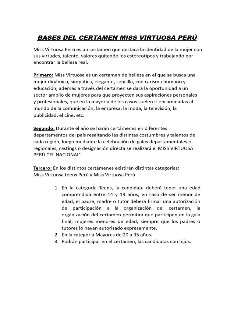Bases Del Certamen Miss Virtuosa 2023 | PDF