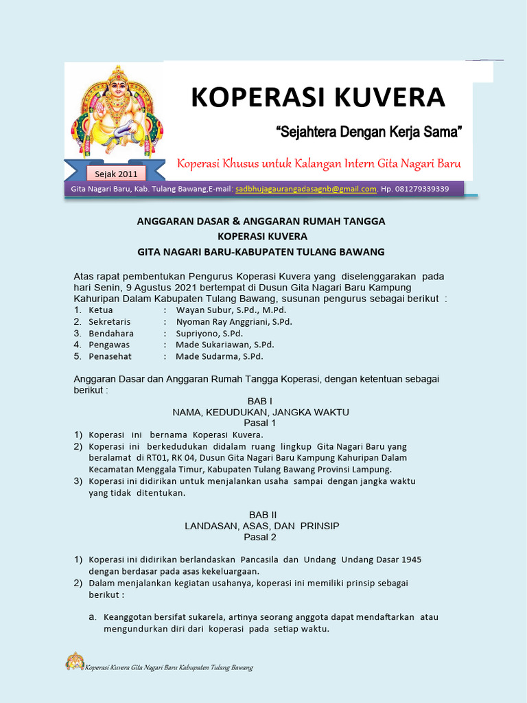 Anggaran Dasar Koperasi Kuvera | PDF