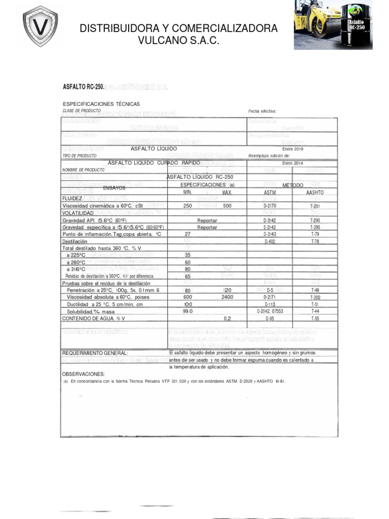 Ficha Tecnica Asfalto RC-250 | PDF