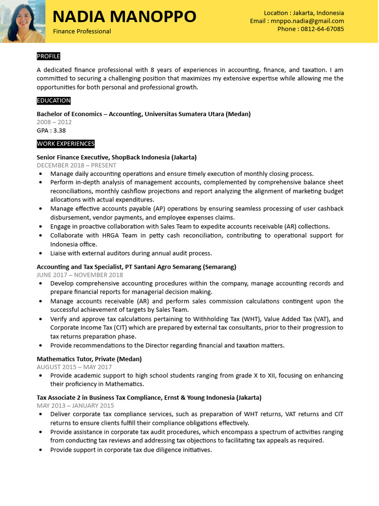 CV Nadia Manoppo | Download Free PDF | Taxes | Accounting