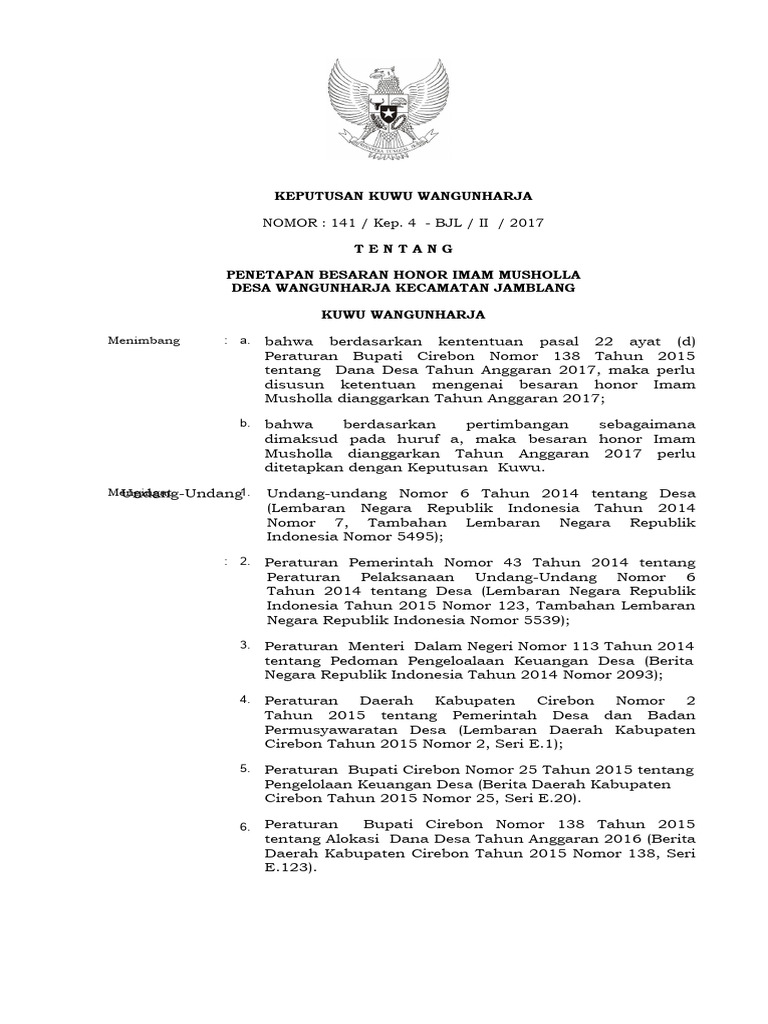 Honor Imam Musholla Desa Wangunharja | PDF