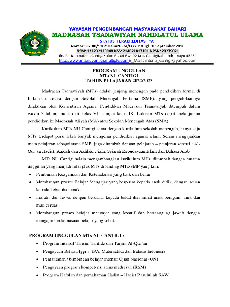 Program Unggulan MTs NU Cantigi 2022/2023 | PDF | Karier & Perkembangan ...