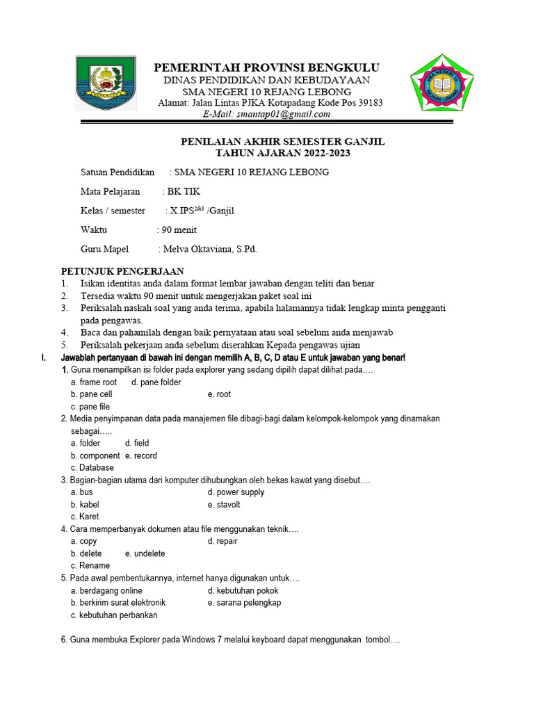 Soal Pas Tik Kls X Ips 2&3 | PDF