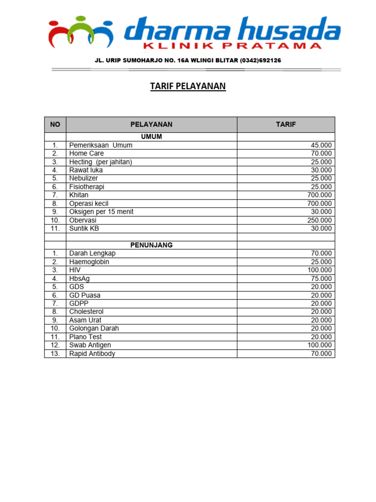 Tarif Pelayanan - Jadwal Praktek | PDF