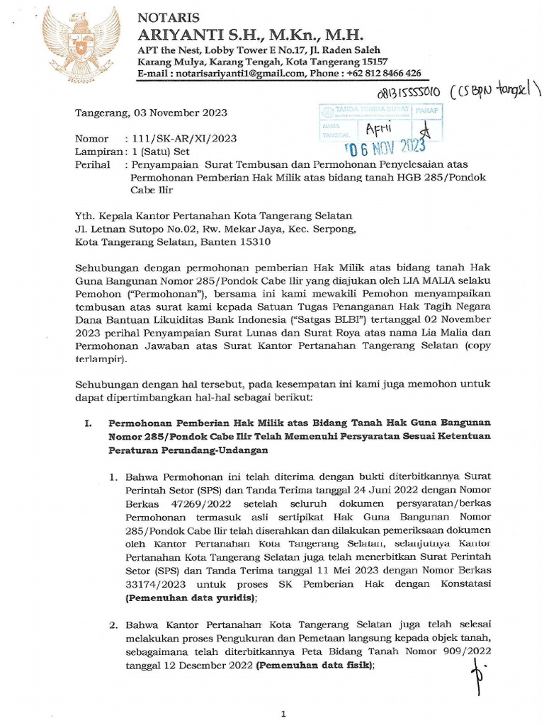 Surat KPD BPN 3 Nov 23 - Tanda Terimax | PDF