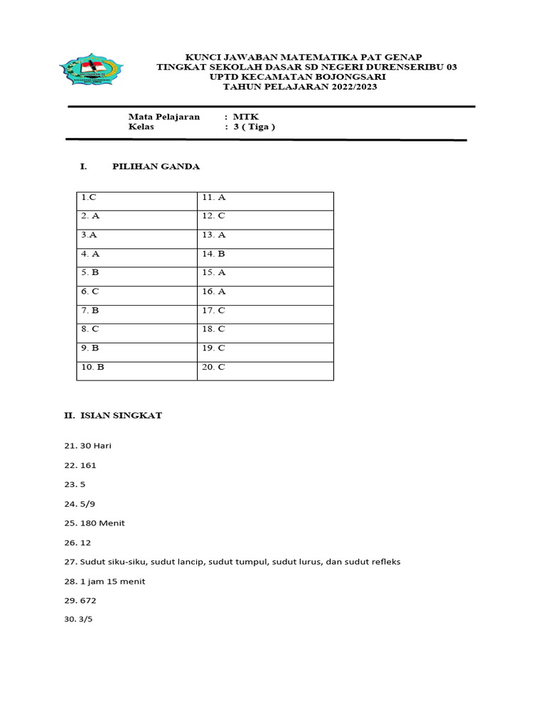 Kunci Jawaban PAS Genap MTK 2022-2023 | PDF