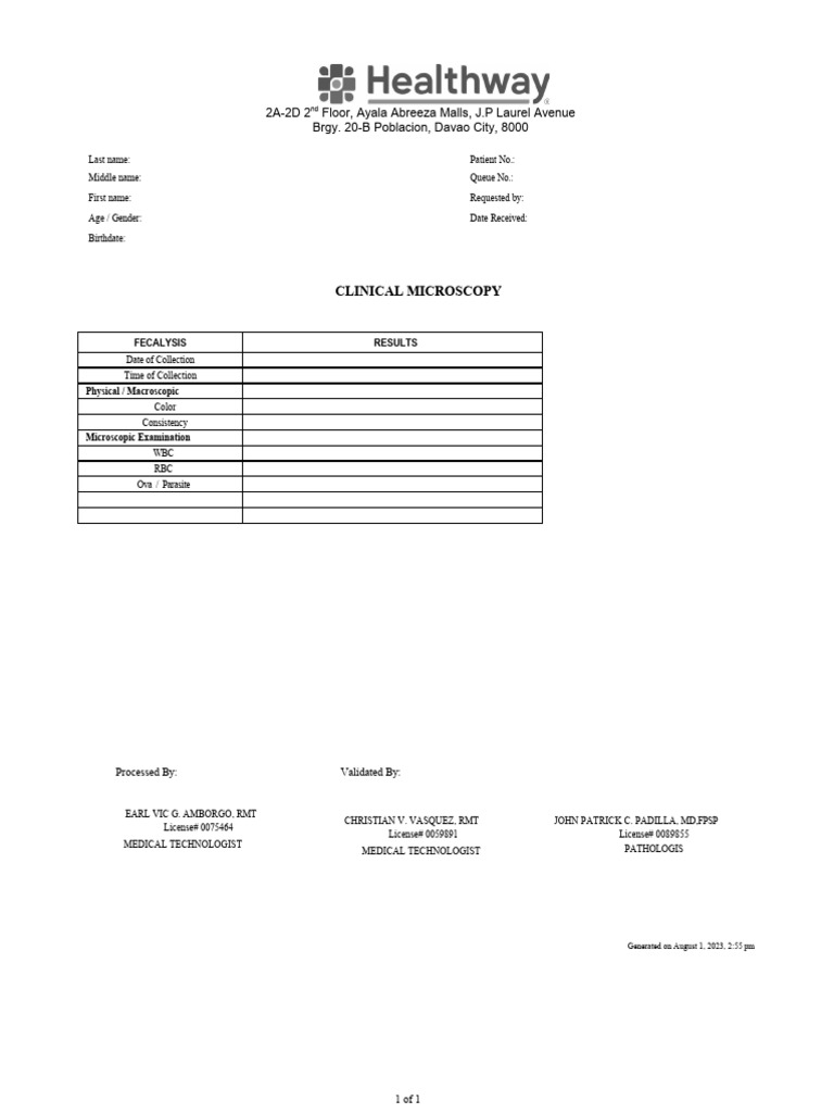 LAB RESULT FORM CLINICAL MICROSCOPY - Fecalysis | PDF
