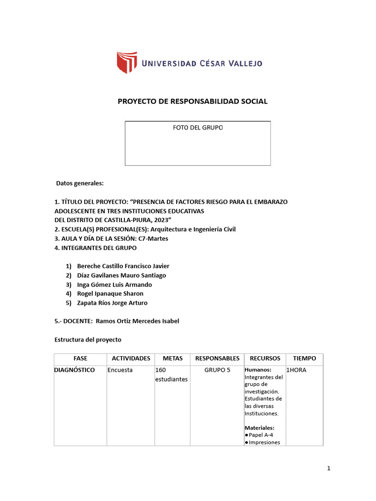 Grupo N°05 - Proyecto de Responsabilidad Social 1. | PDF | Estadísticas | Metodología de encuesta