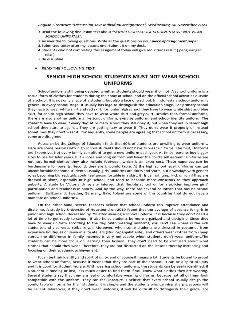 School Uniform Debate Assignment | PDF