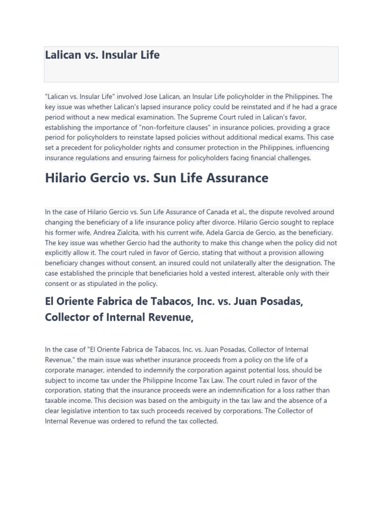 Lalican vs. Insular Life: Policy Rights | PDF | Insurance | Lease
