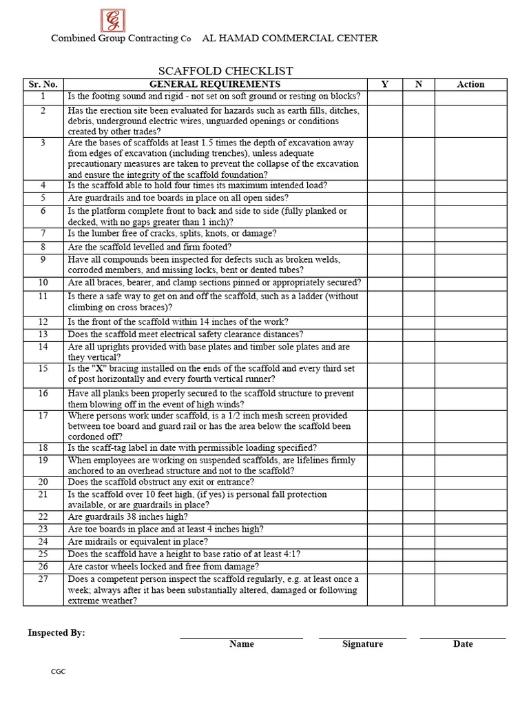 Scaffolding Checklist | PDF | Scaffolding | Manufactured Goods