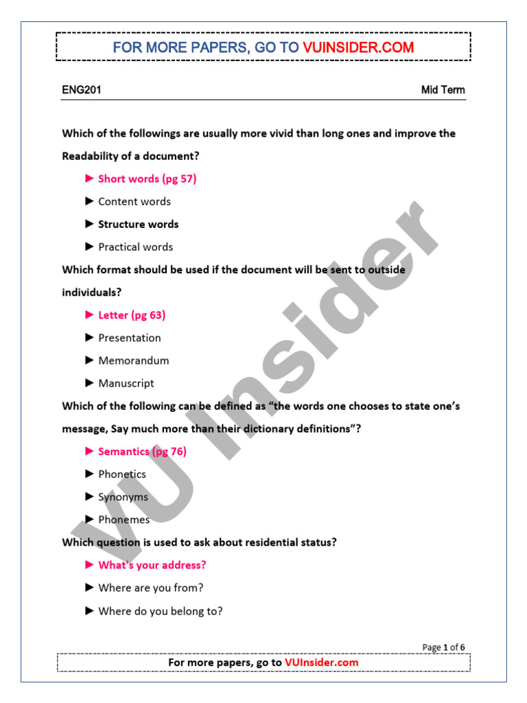 ENG201 Midterm Study Guide | PDF | Memorandum | Communication
