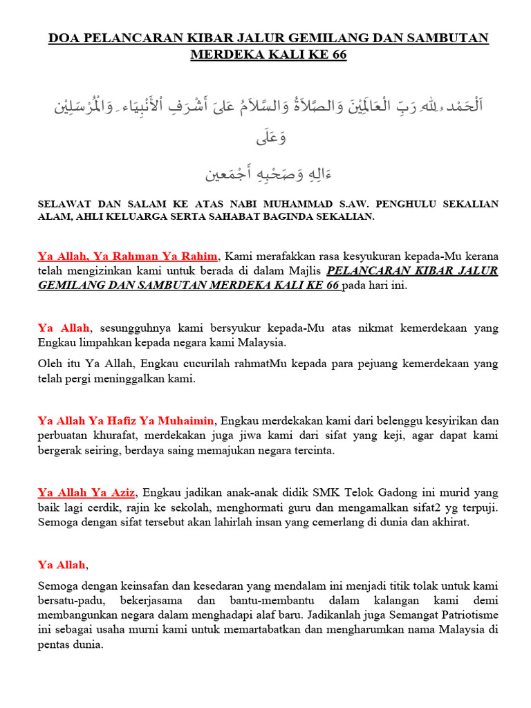 Doa Pelancaran Sambutan Merdeka 66 | PDF