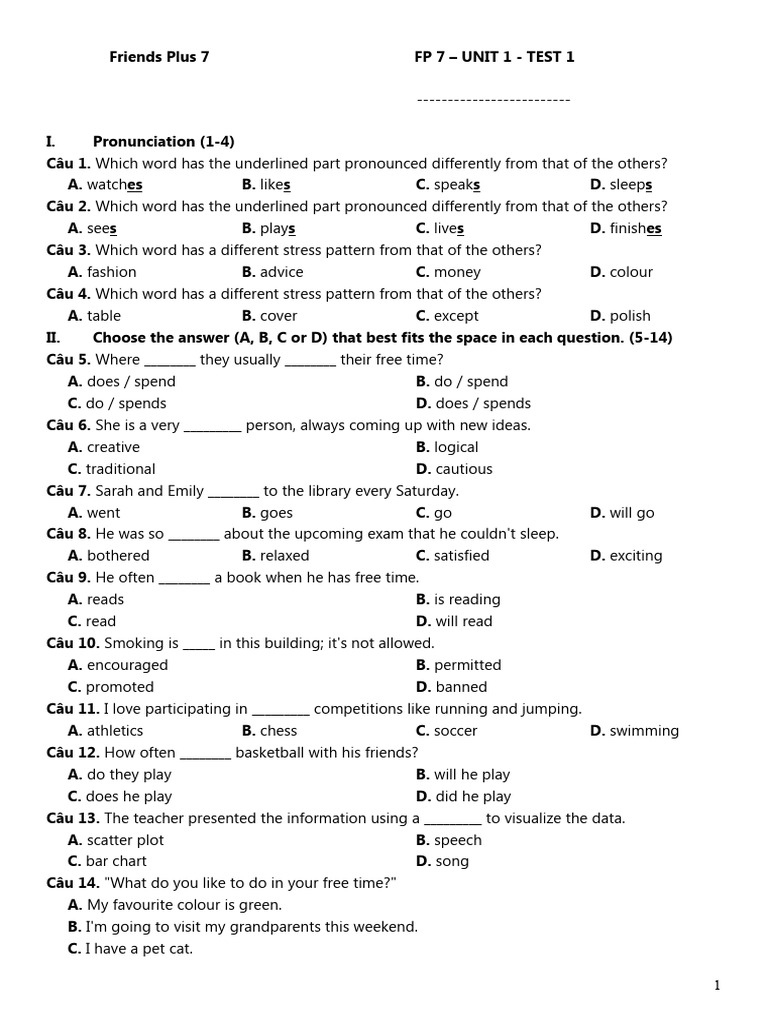 Friends Plus 7 Unit 1 Test 1 Guide | PDF | Leisure