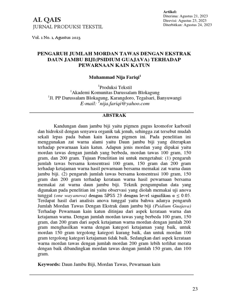 Pengaruh Jumlah Mordan Tawas Dengan Ekstrak Daun Jambu Biji (Psidium ...