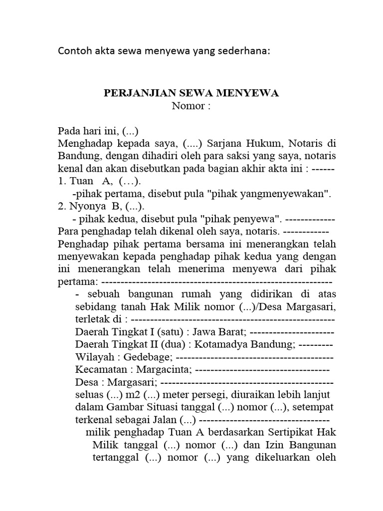 Materi Kuliah TPA II Tentang Contoh Akta Sewa Menyewa 2023 | PDF