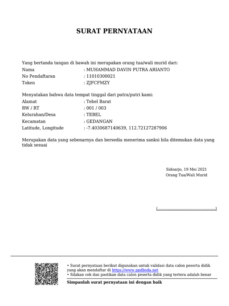 Surat Pernyataan Wali Murid MUHAMMAD DAVIN PUTRA ARIANTO | PDF