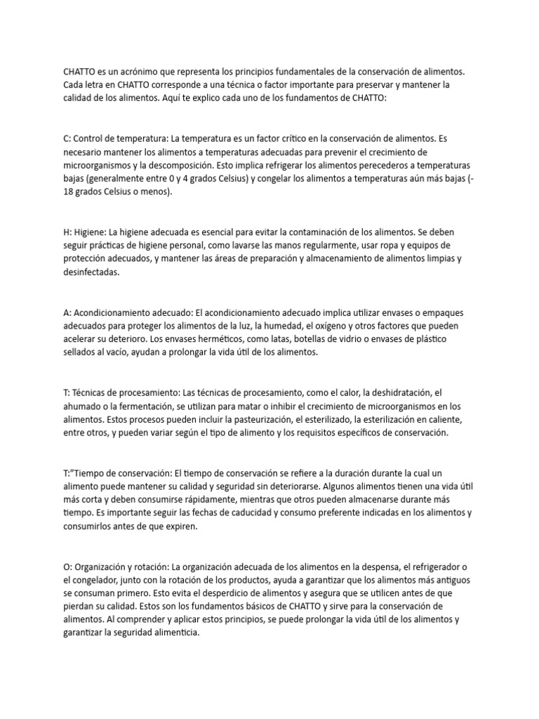 Principios CHATTO para conservar alimentos | PDF | Conservación de los ...