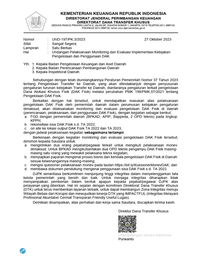 UND-197 Undangan Pelaksanaan Monitoring Dan Evaluasi Implementasi Kebijakan Pengelolaan Dan ...