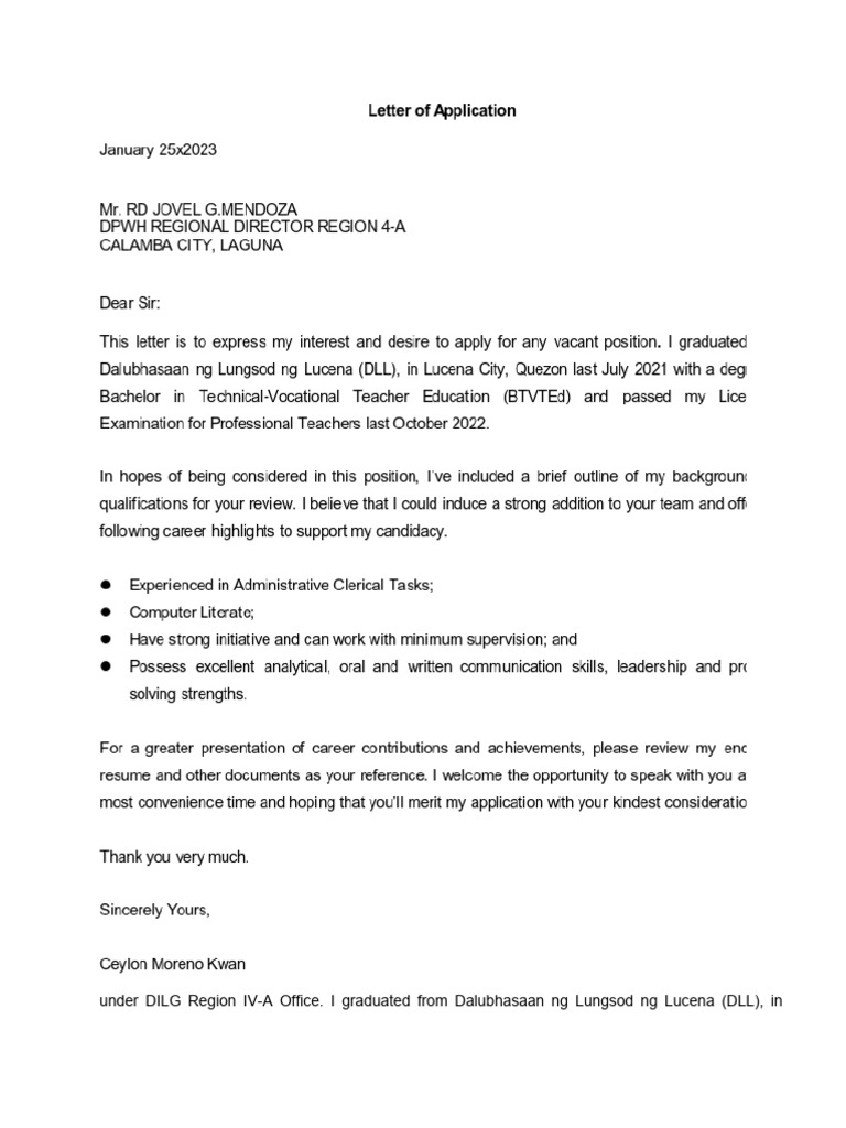 APPLICATION LETTER DPWH | PDF