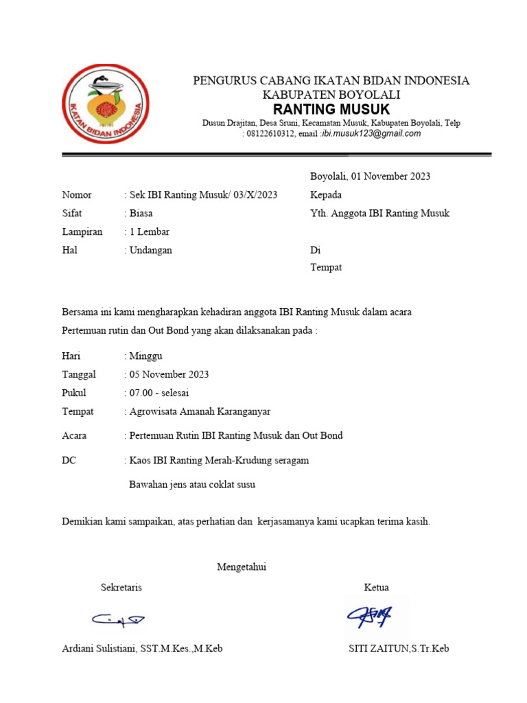 Undangan Pertemuan Rutin Dan Outbond Pdf