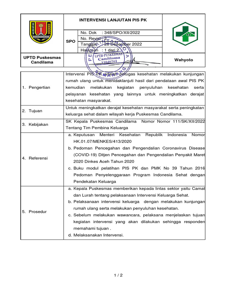 Spo Intervensi Lanjut Pis Pk 2022 | PDF