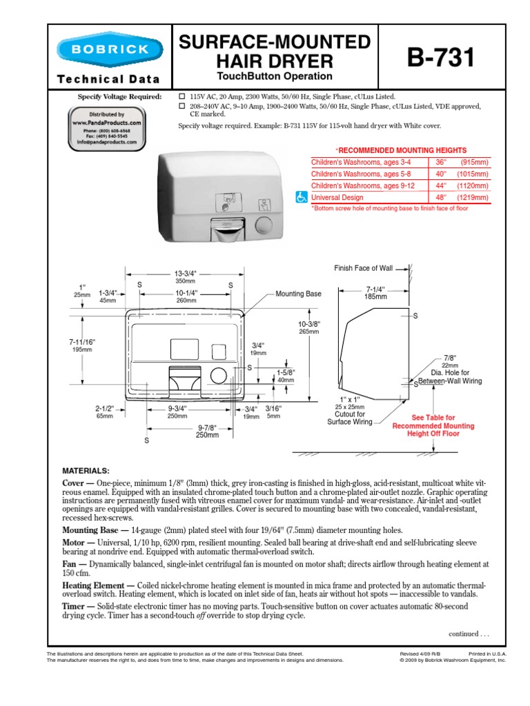 Surface-Mounted Hair Dryer: Technical Data | PDF | Mechanical Fan ...