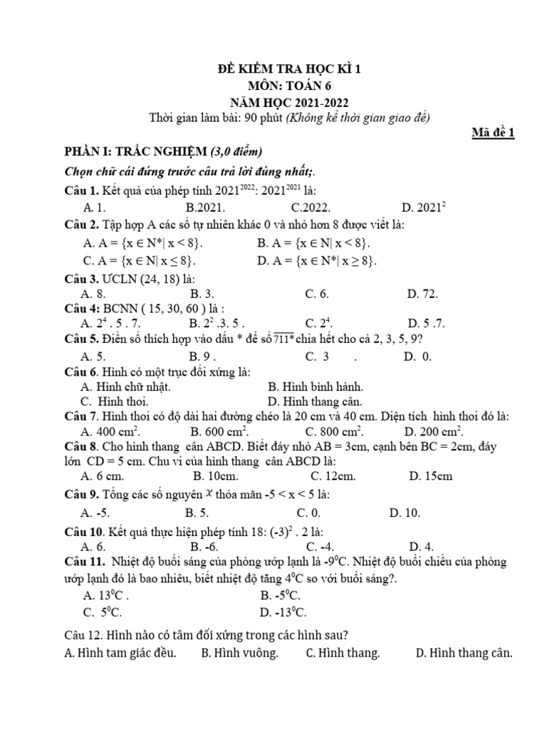 De Thi Hoc Ki 1 Toan 6 Ket Noi Tri Thuc | PDF