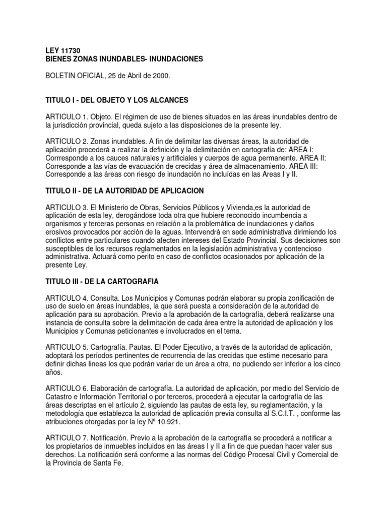 Ley 11730: Uso de Bienes en Zonas Inundables | PDF | Inundar | Regulación