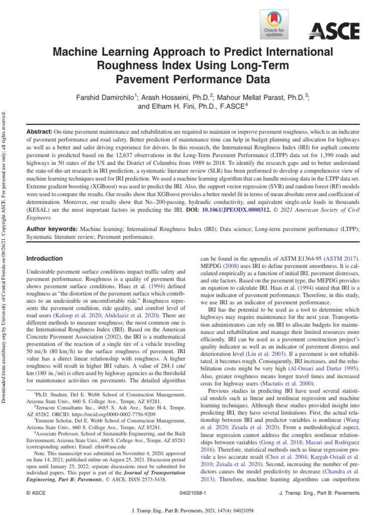 Machine Learning Approach To Predict International Roughness Index Using Long-Term Pavement ...