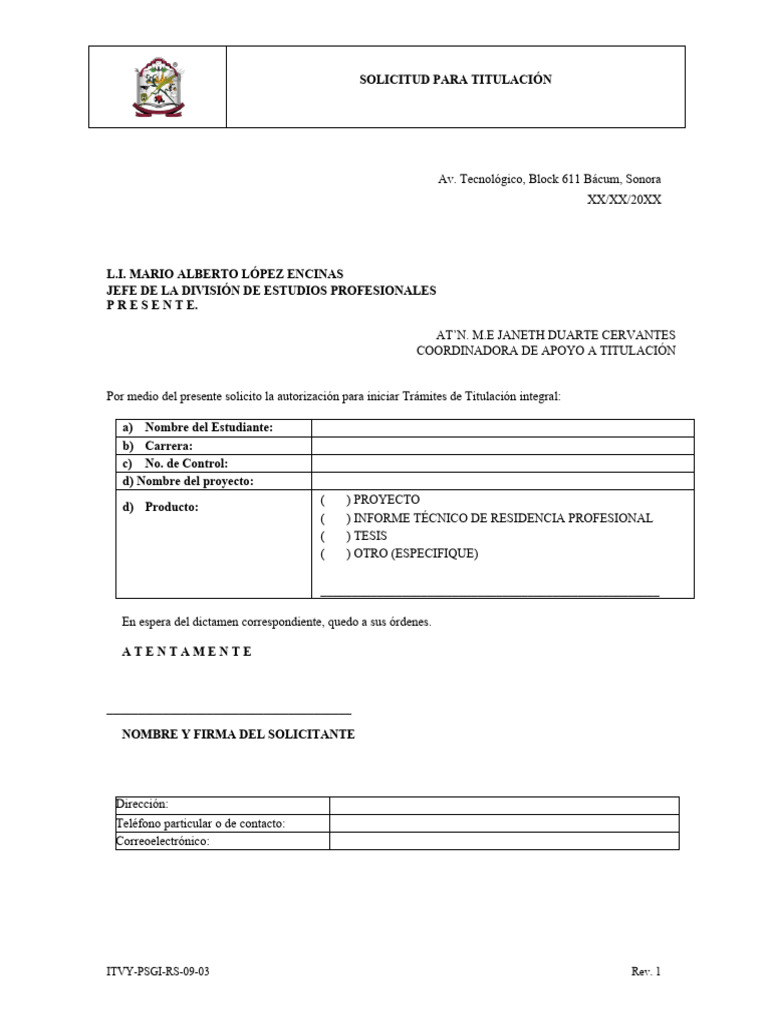 ITVY-PSGI-RS-09-03 Solicitud para Titulacion | PDF
