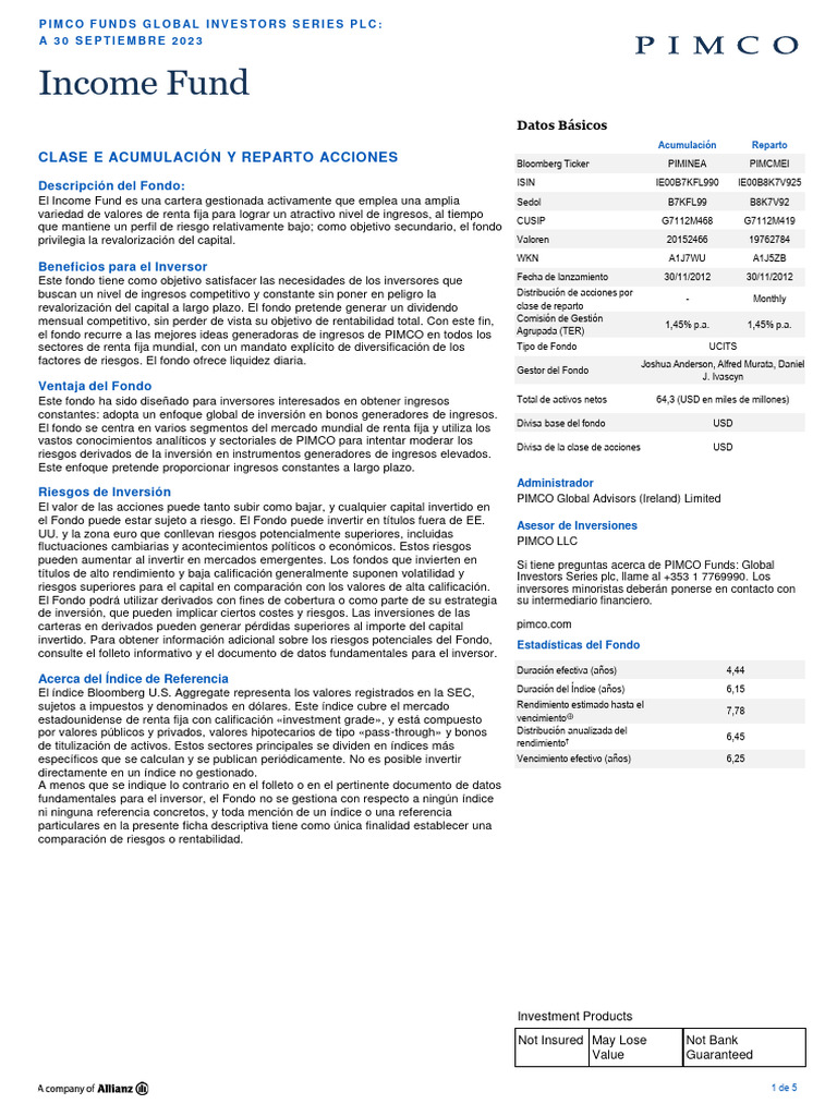 Ficha PIMCO INCOME FUND E | Descargar gratis PDF | Portafolio (Finanzas ...
