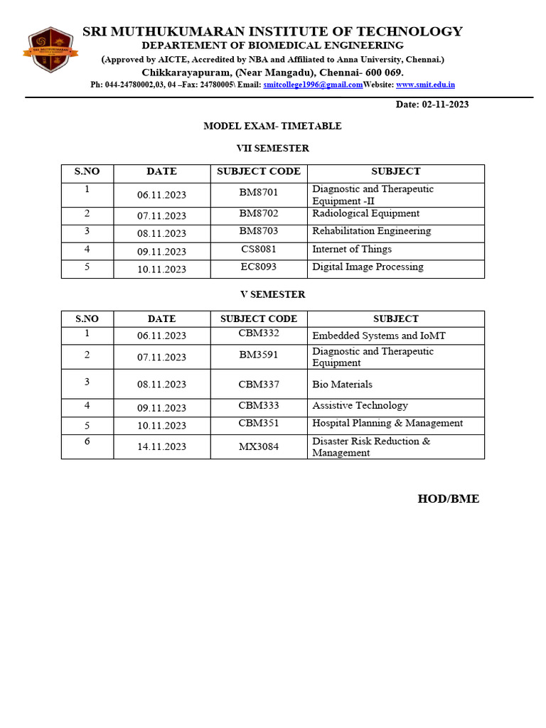 SRI MUTHUKUMARAN BME Exam Timetable 2023 | PDF
