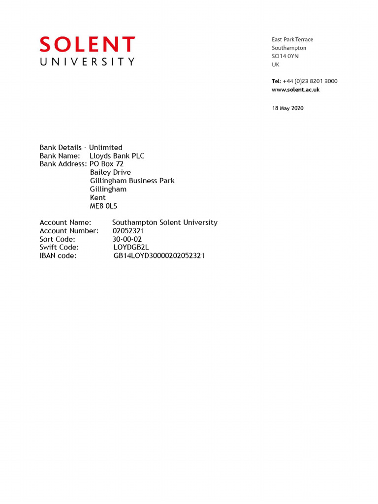 Solent University - Bank Details | PDF