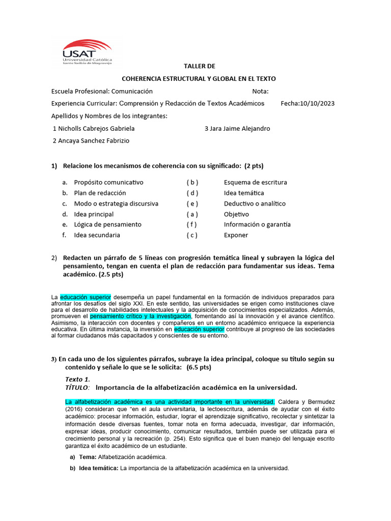 Taller de Coherencia Estructural | PDF | Sustantivo | Pensamiento
