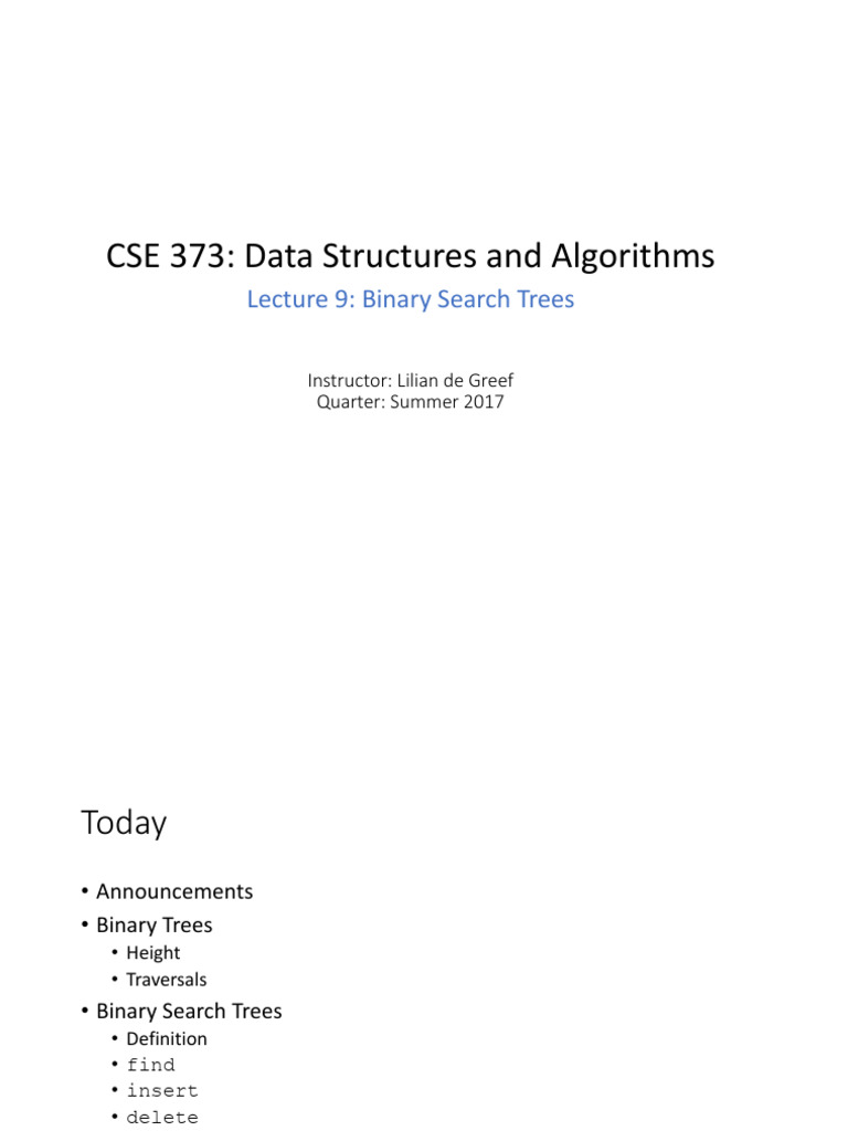 Lecture 09 Binary Search Trees Pdf Theoretical Computer Science Computer Programming