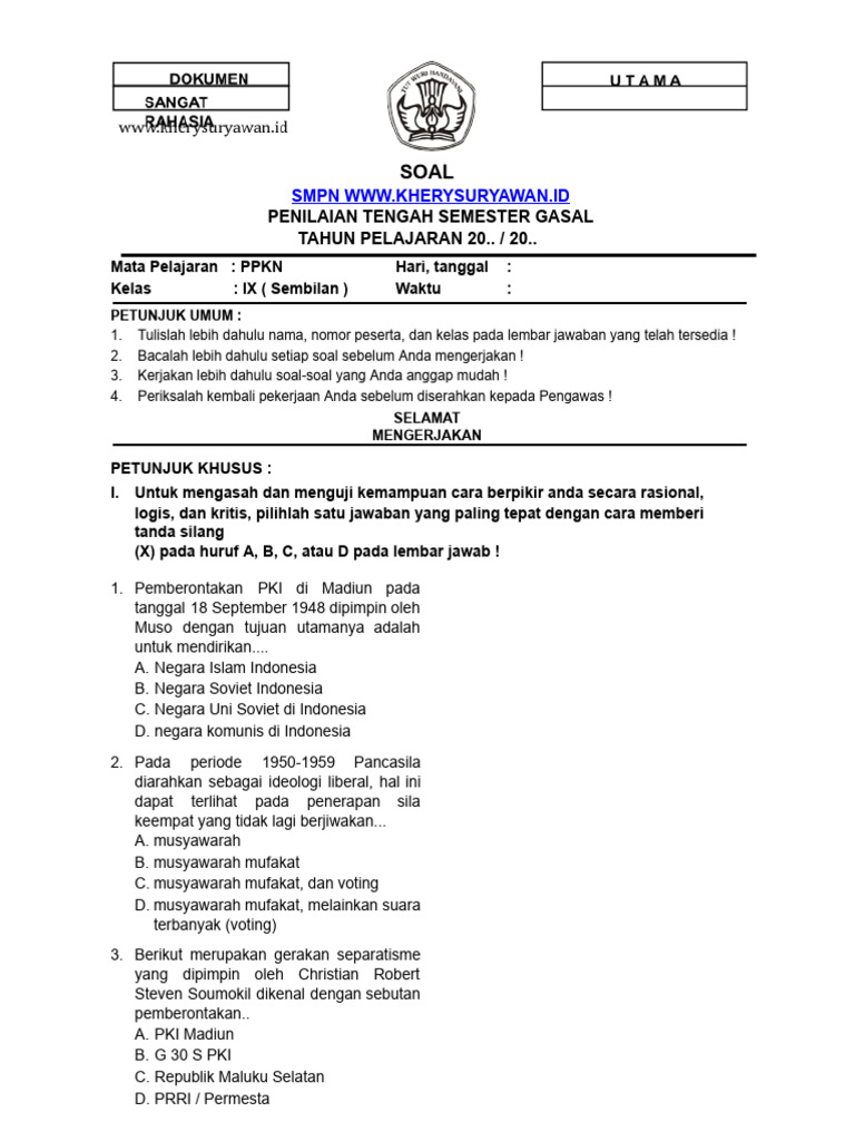 2 - Soal PTS 1 PPKN Kelas IX K13 - WWW - Kherysuryawan.id | PDF | Politik | Sejarah