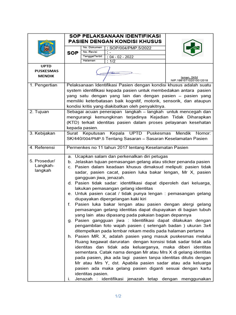 5.3.2.1 B SOP PELAKSANAAN IDENTIFIKASI PASSIEN DENGAN KONDISI KHUSUS | PDF