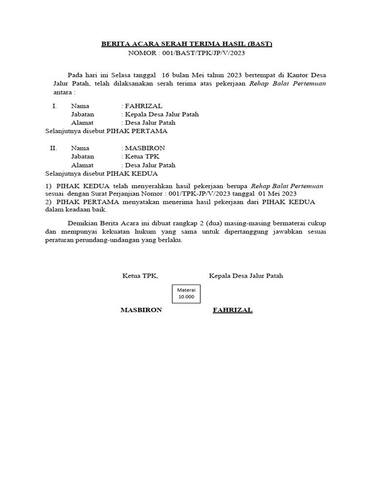 Contoh BAST Serah Terima Pekerjaan | PDF