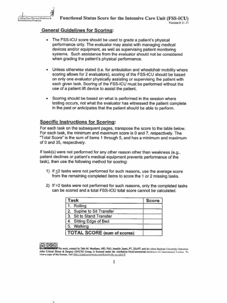Functional Status Score For The Intensive Care Unit Guidelines | PDF