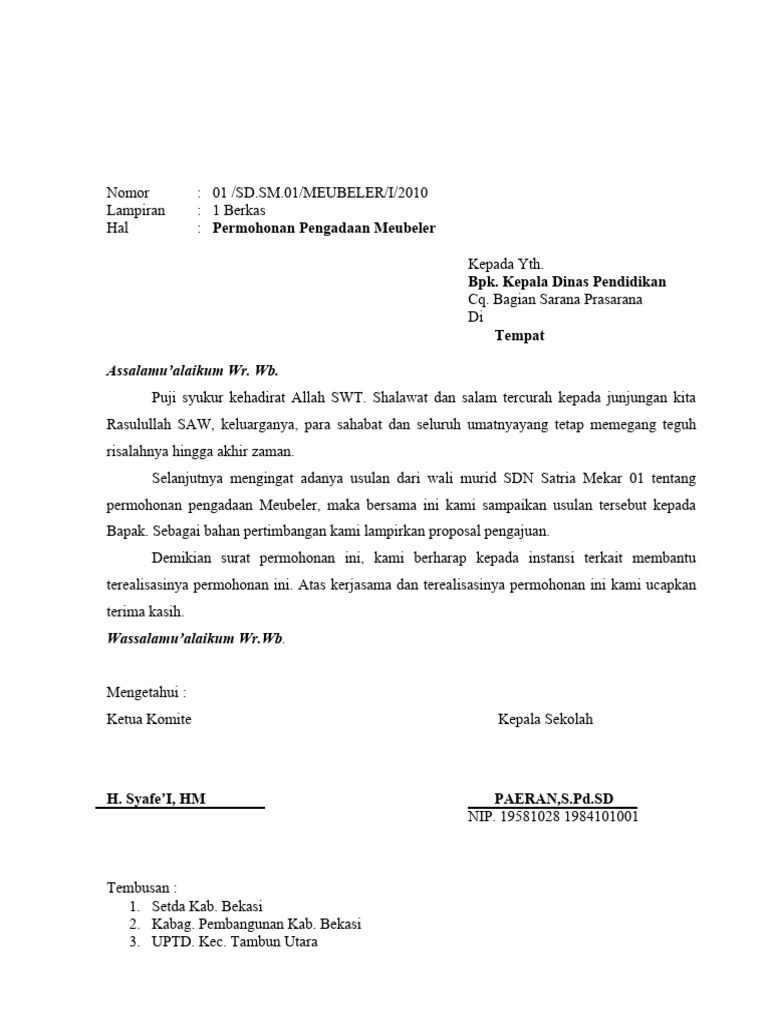 Permohonan Pengadaan Meubeler SDN Satria Mekar 01 | PDF