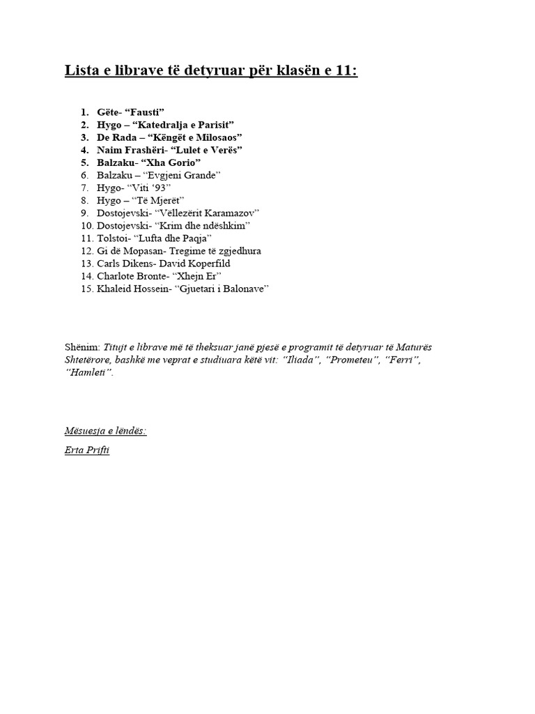 Lista e Librave Të Detyruar Për Klasën e 11 | PDF