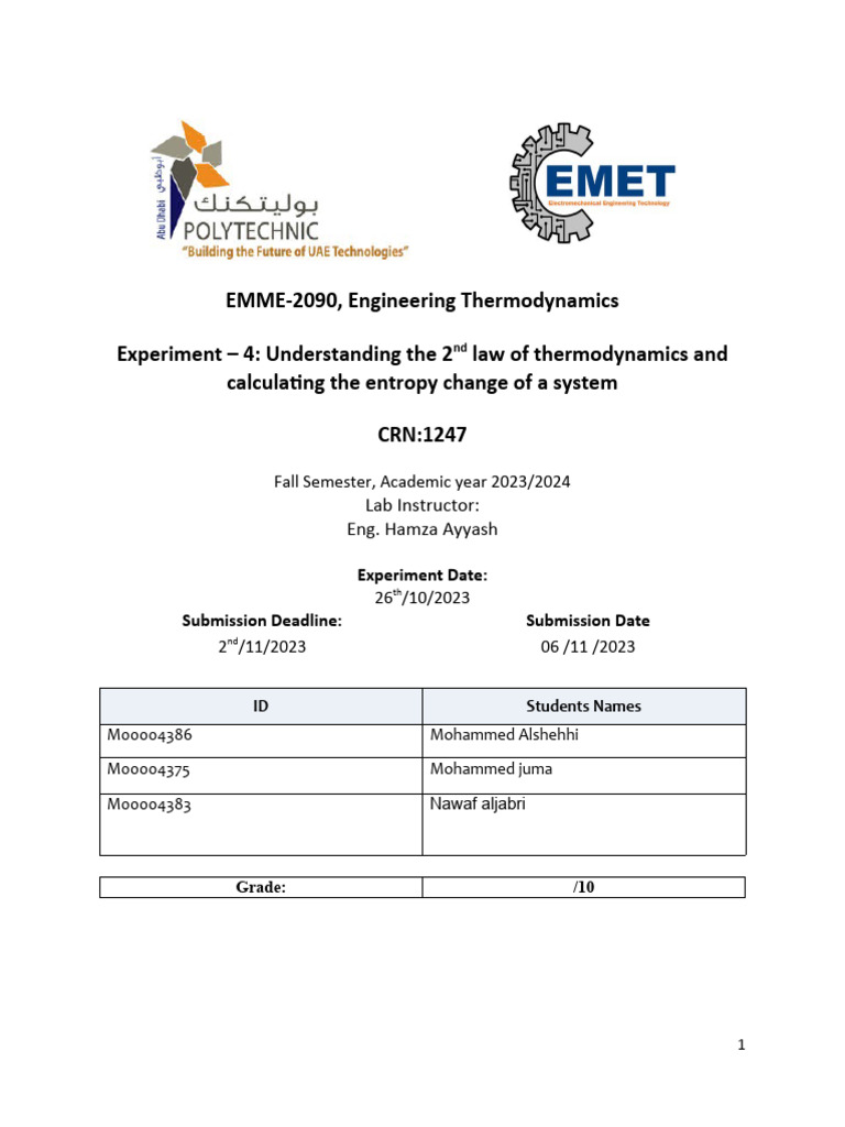 Experiment 4 - Understanding The 2nd Law of Thermodynamics and Calculating The Entropy Change of ...