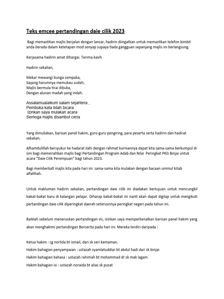 Teks Emcee Pertandingan Daie Cilik 2023 | PDF